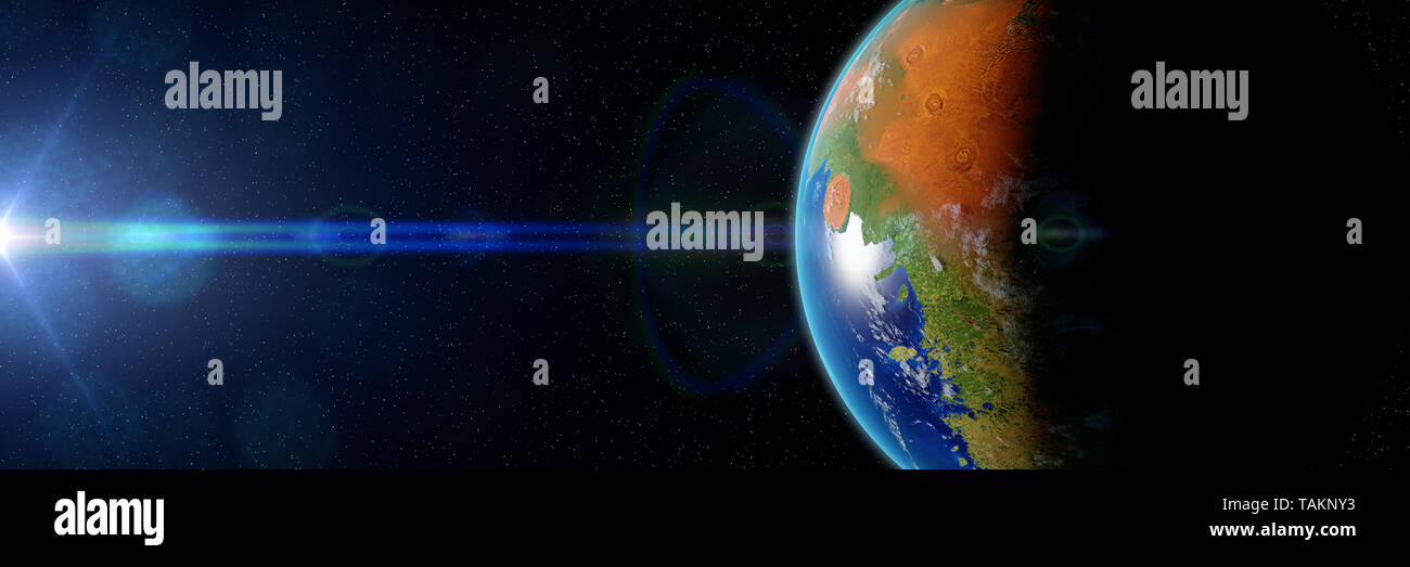 terraforming of Mars with oceans and clouds, plants and surface water ...