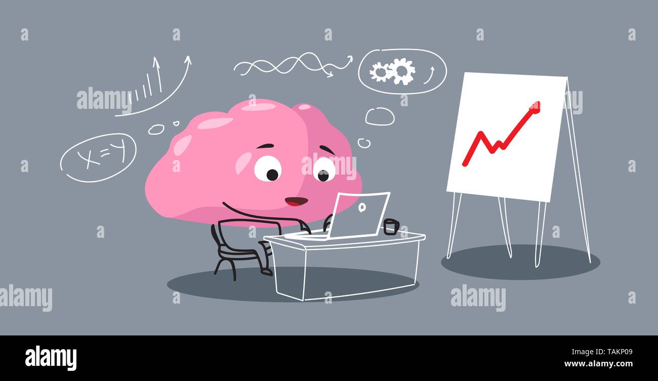 cute human brain organ pink cartoon character analyzing financial graph ...