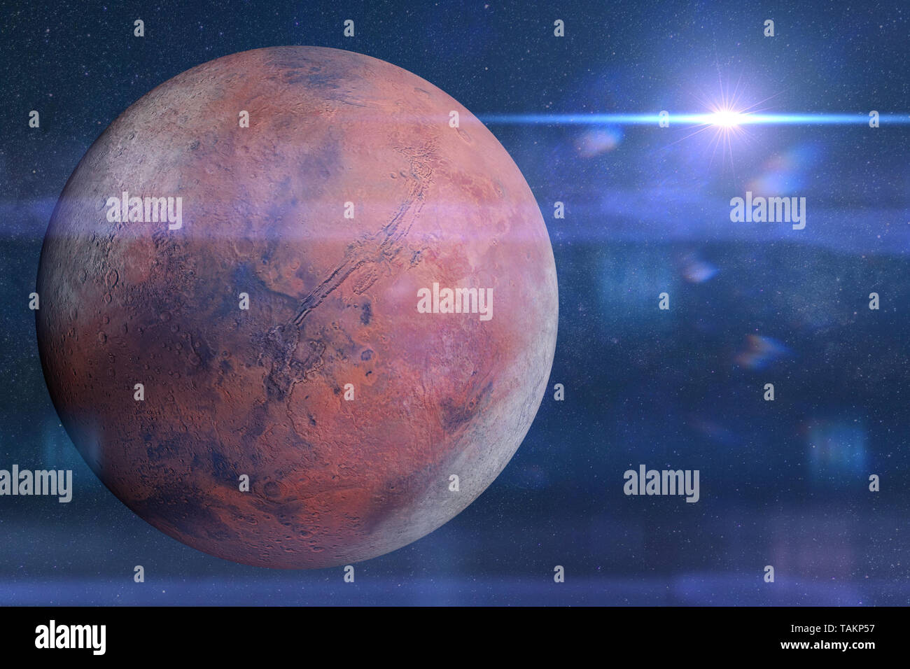 planet Mars during the Martian winter in front of the stars and the sun ...