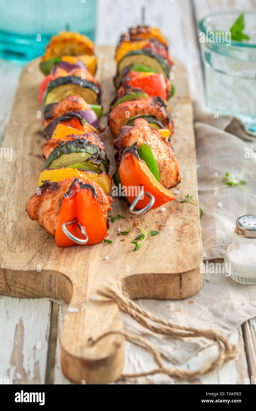 Crispy grilled skewers served with water in summer Stock Photo - Alamy