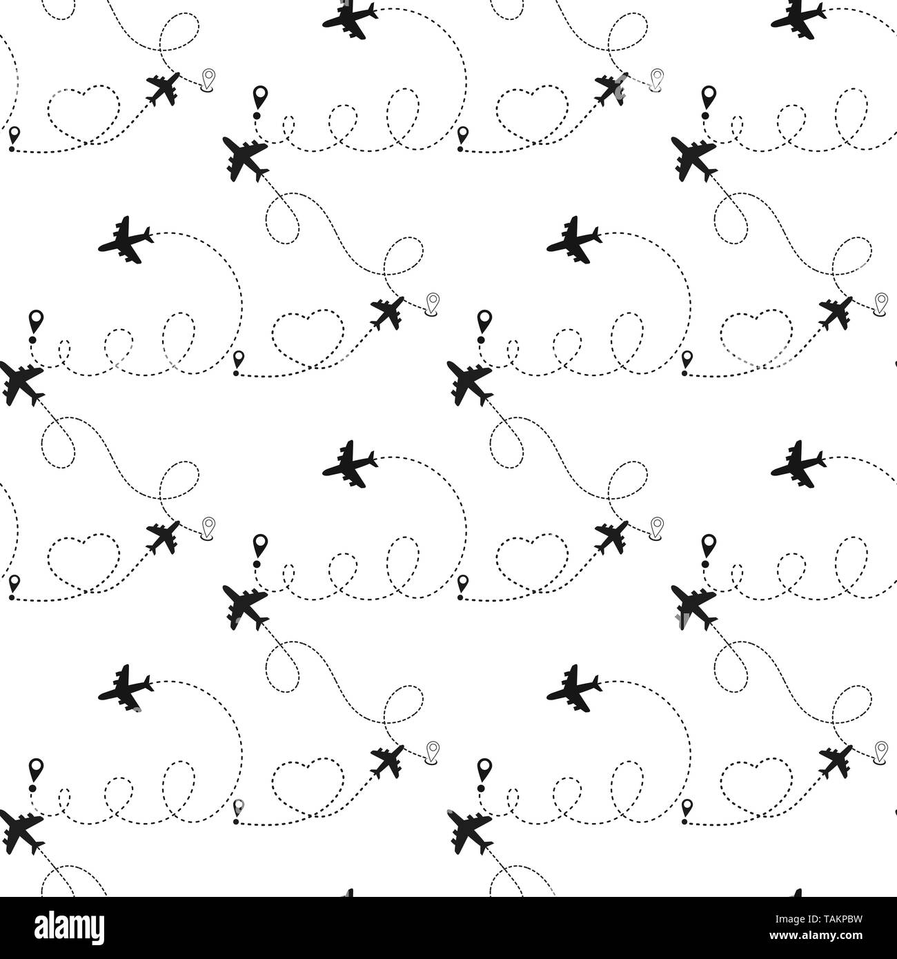 Travel concept seamless pattern. Airplane route in the dotted line ...