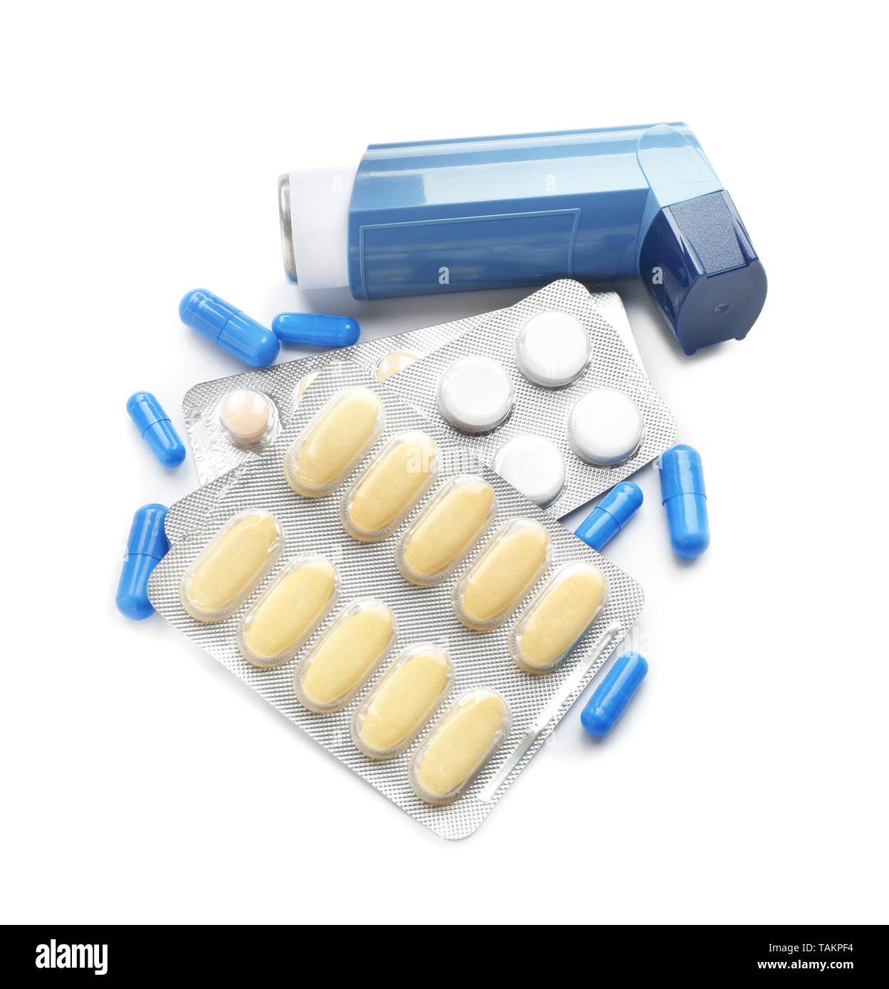 Inhaler and pills on white background Stock Photo - Alamy