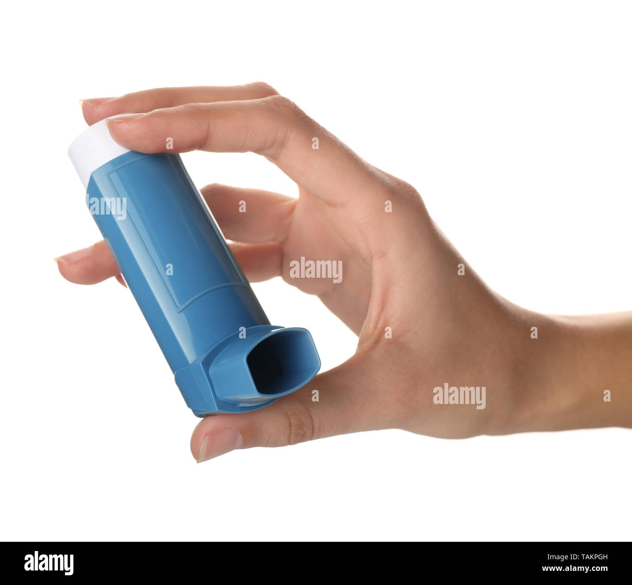 Female hand with inhaler on white background Stock Photo - Alamy