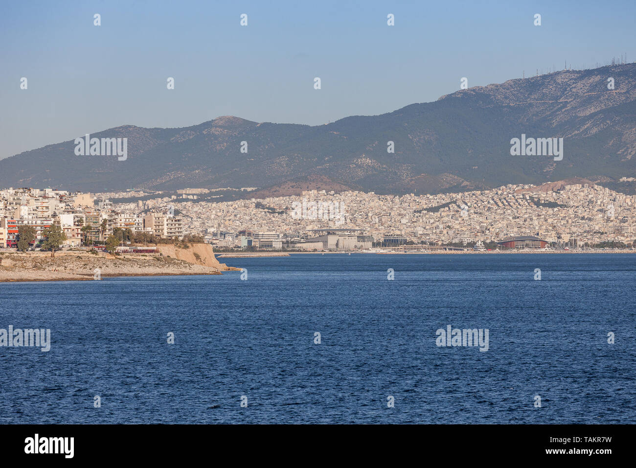 Panorama of the city of Athens seen from the sea, with mountains ...