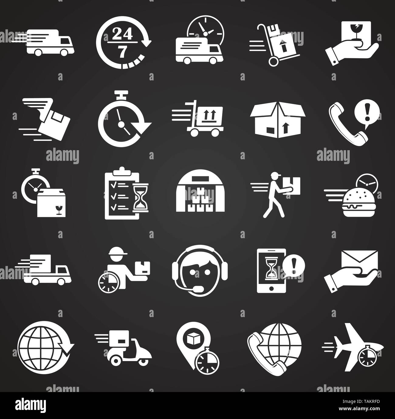Delivery related icons set on black background for graphic and web ...