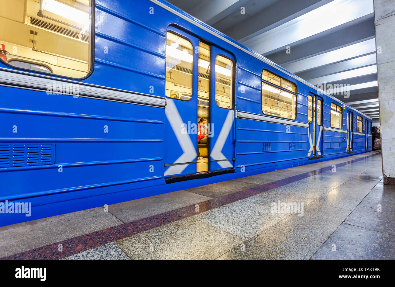 Samara, Russia - May 26, 2019: Blue subway train at the underground ...