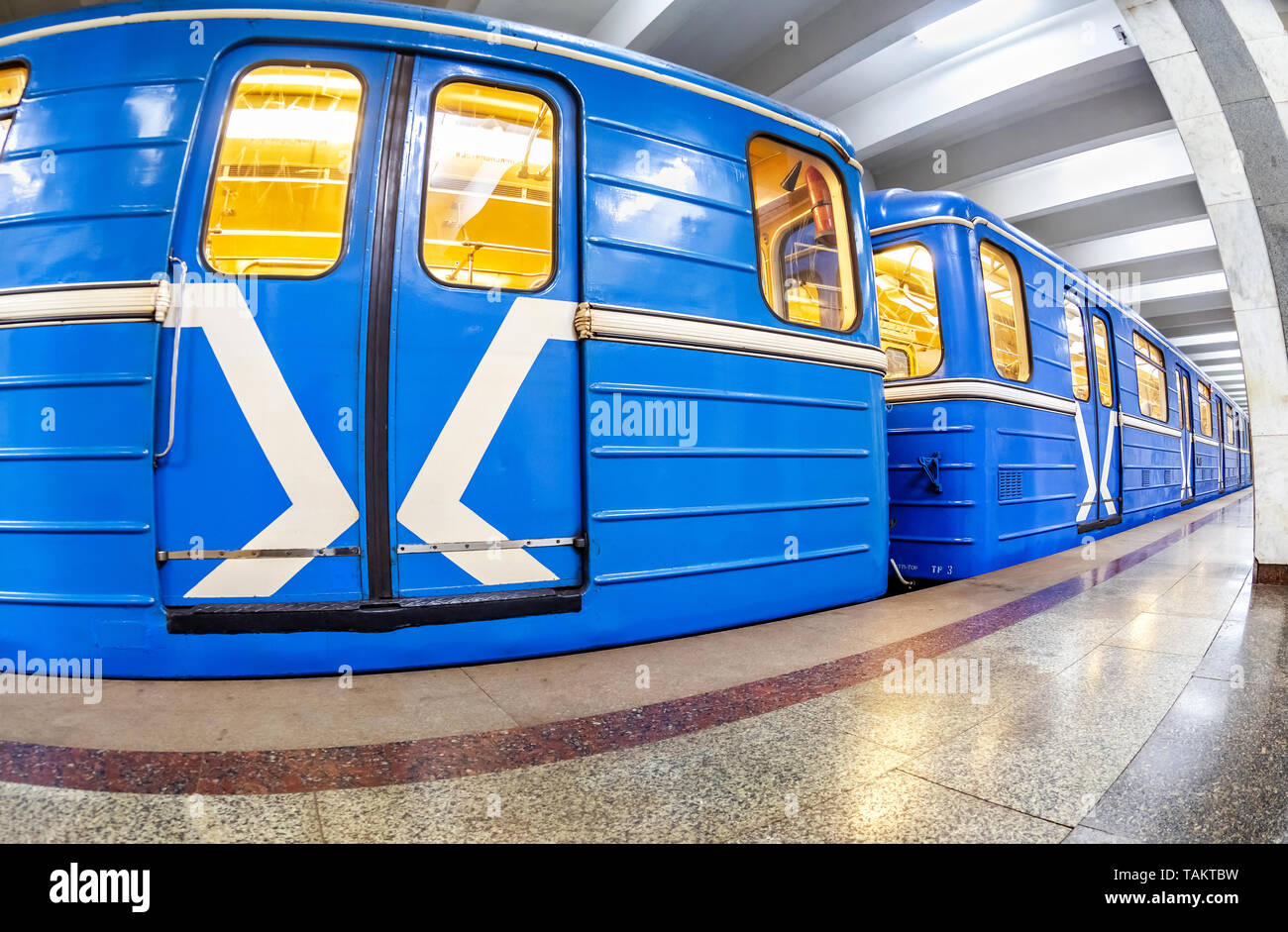 Samara, Russia - May 26, 2019: Blue subway train at the underground ...