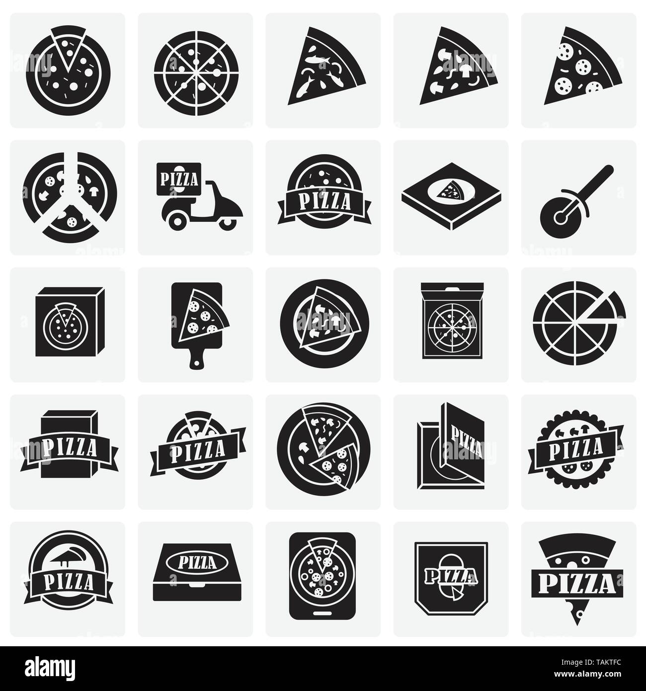 Pizza related icons set on squares background for graphic and web ...