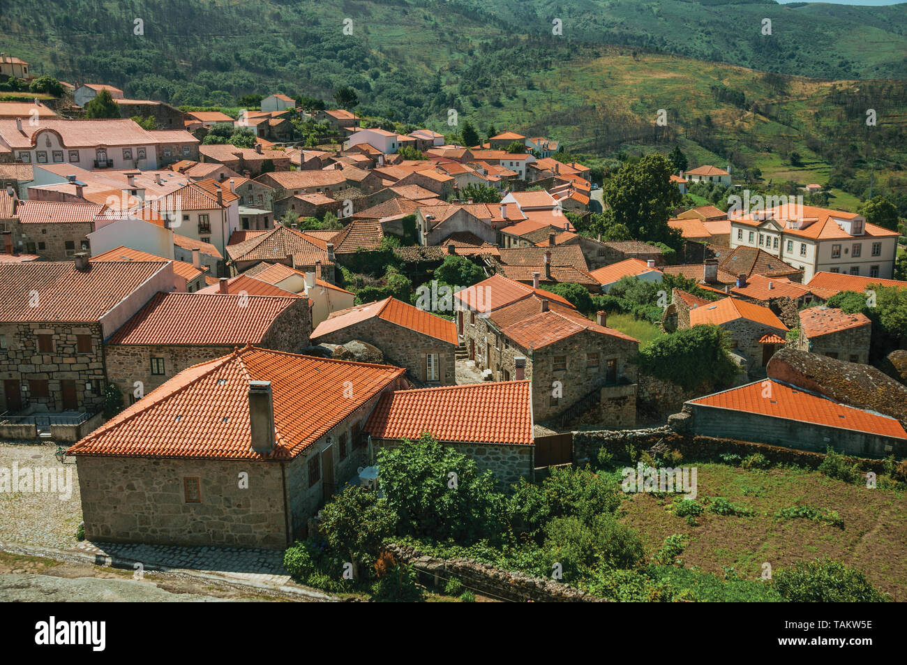 Hilly landscape covered by trees and rocks with the roofs of Linhares ...