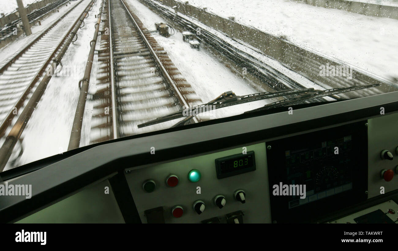 Train drivers view. Controls cab of speed passenger train, inside view ...