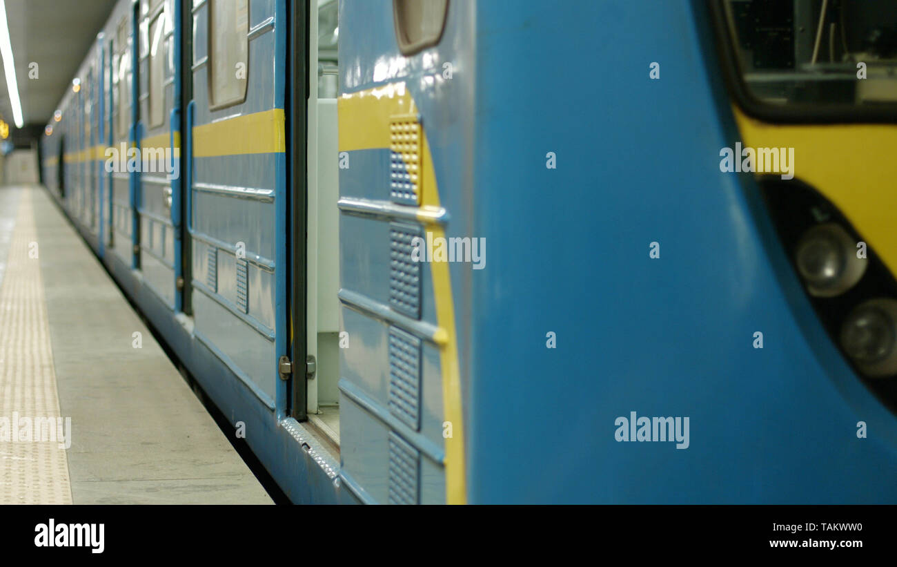 Blue subway train close up. Close up view of train at indoor subway ...