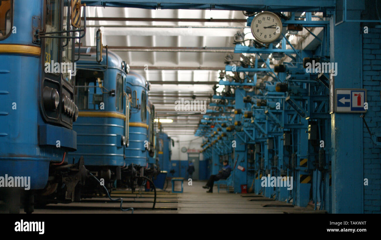 Subway trains at depot. Blue trains in train hangar. Service station of ...