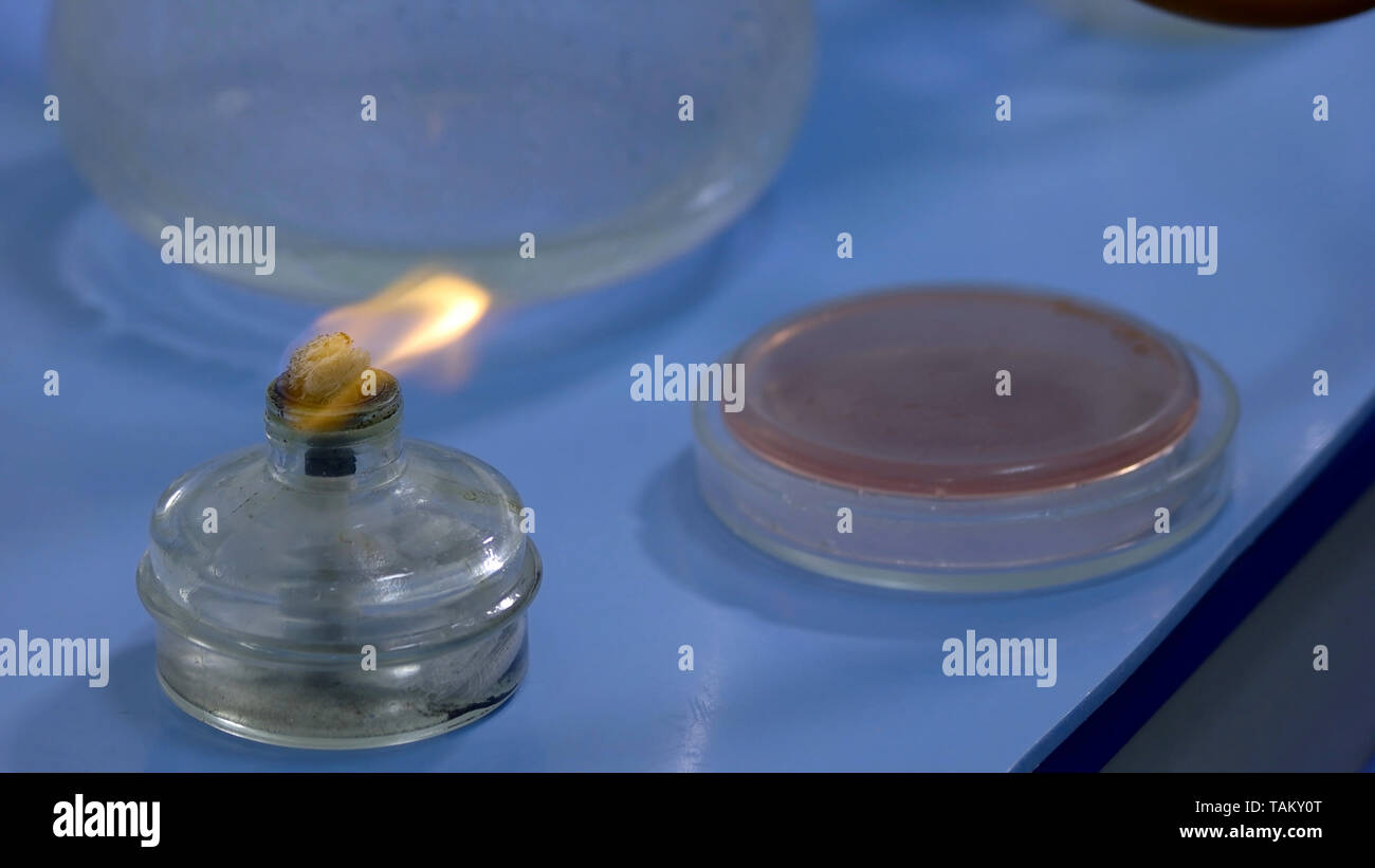 Candlestick with fire on laboratory table. Fire flame in lab beaker ...