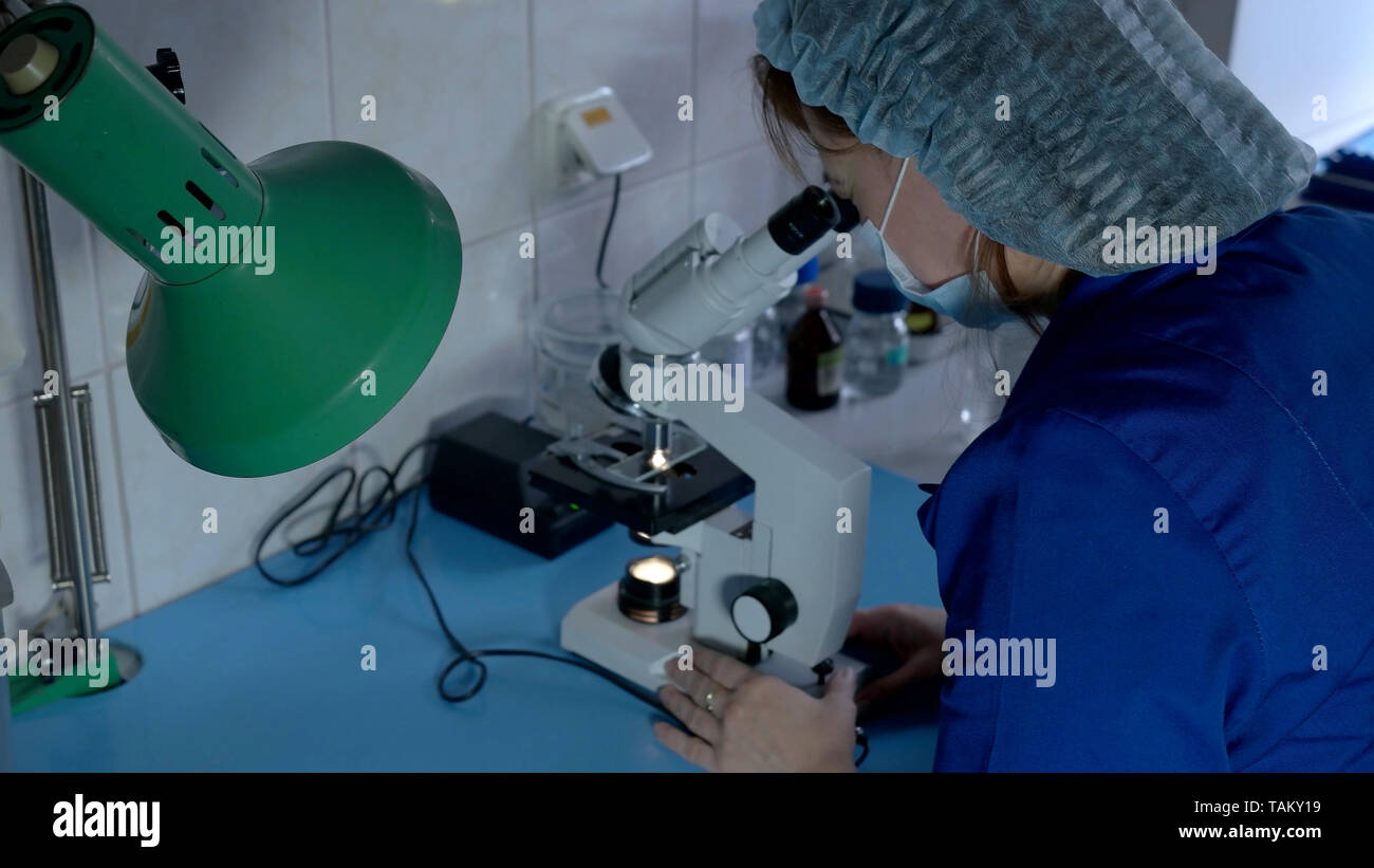 20.10.2016 - Kyiv, Ukraine.Woman looking into microscope. Person with ...