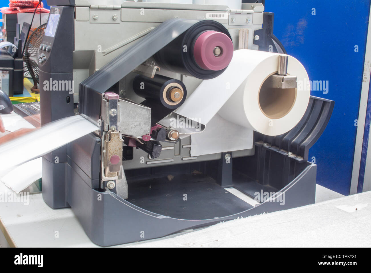 Barcode printer and barcode label with ribbon technology printer Stock ...