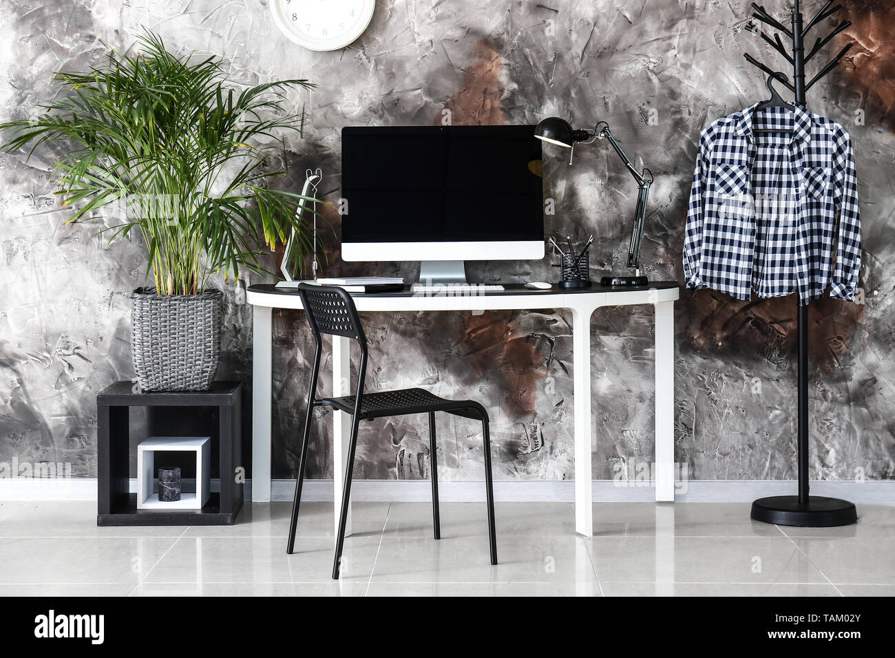 Stylish workplace with modern computer in interior of room Stock Photo ...