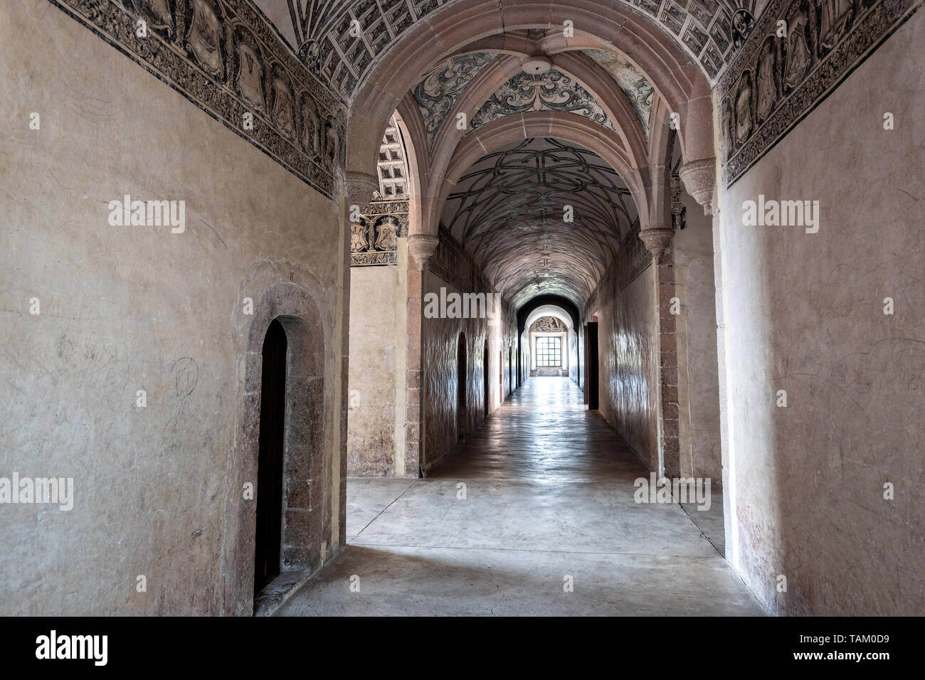 Upstairs hallway with murals in the San Nicolas Tolentino Temple and Ex ...