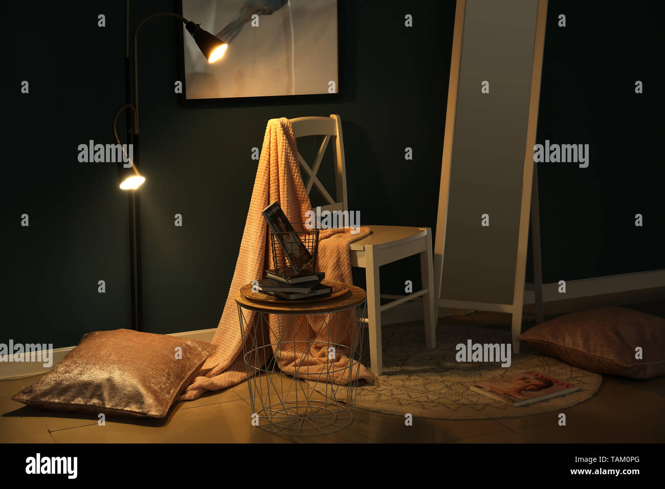 Stylish chair with floor mirror in modern interior of room Stock Photo ...