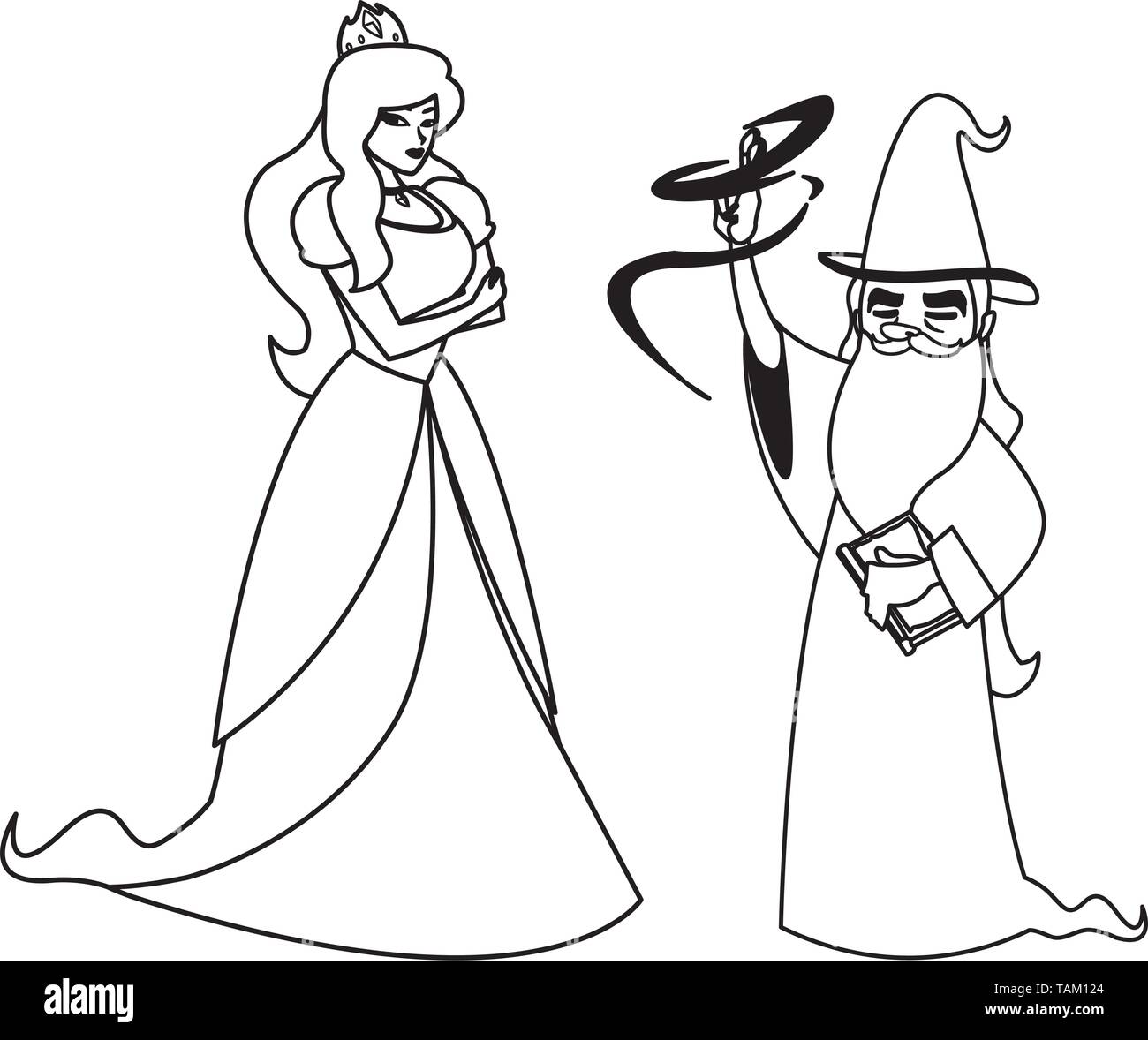 beautiful princess with wizard of tales characters vector illustration ...