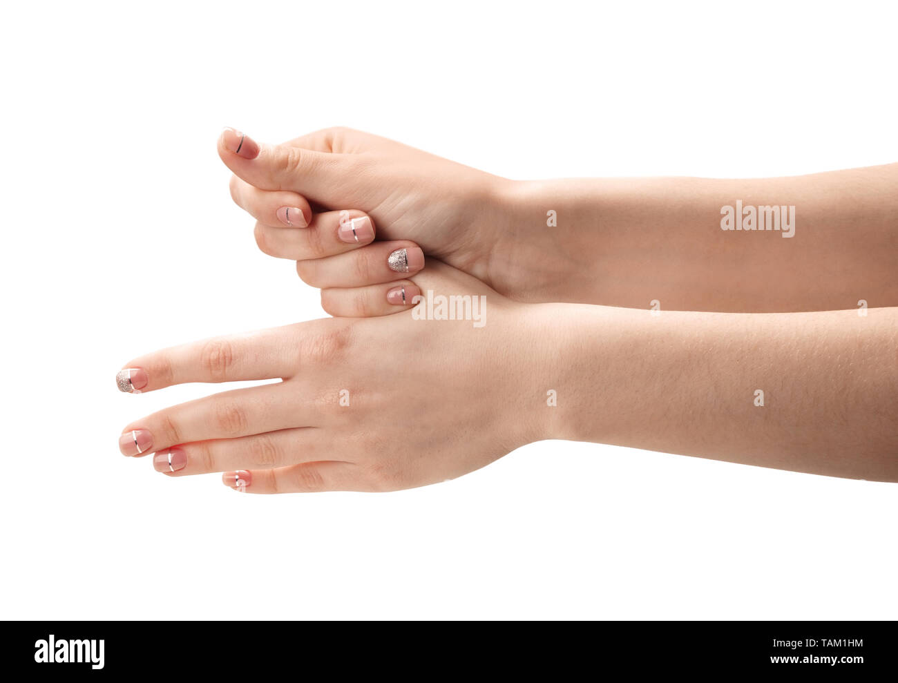 Female hands after washing on white background Stock Photo - Alamy
