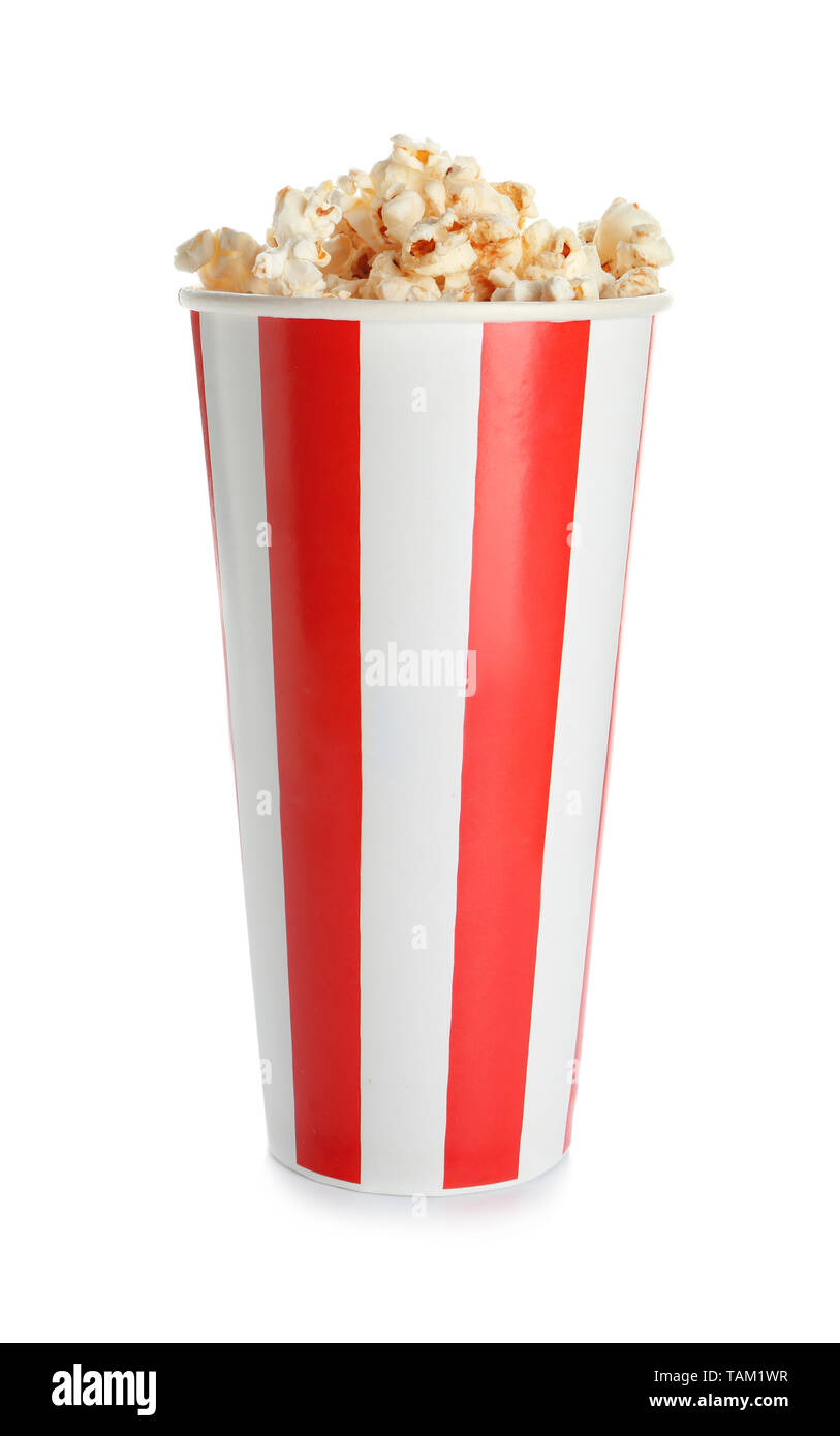 Paper cup of tasty popcorn on white background Stock Photo - Alamy
