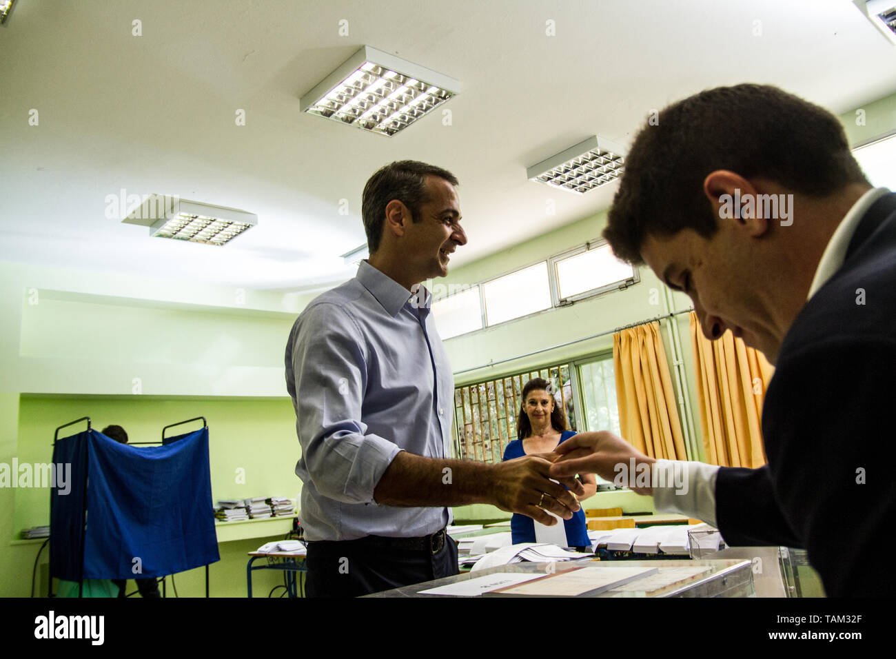 Athens, Greece. 26th May, 2019. Mr Kyriakos Mitsotakis, leader of New ... Athens, Greece. 26th May, 2019. Mr Kyriakos Mitsotakis, leader of New ...