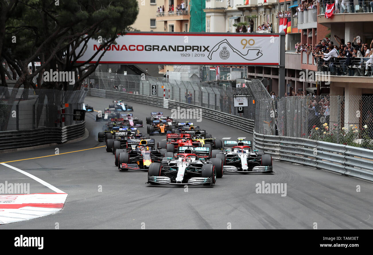 Mercedes lewis hamilton leads into first corner hi-res stock ...