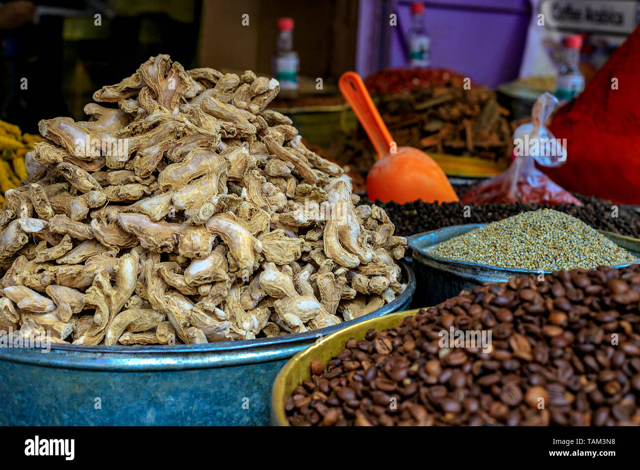 Traditional Spices at the market Marrakesh, Morocco. Coffee, paprika ...