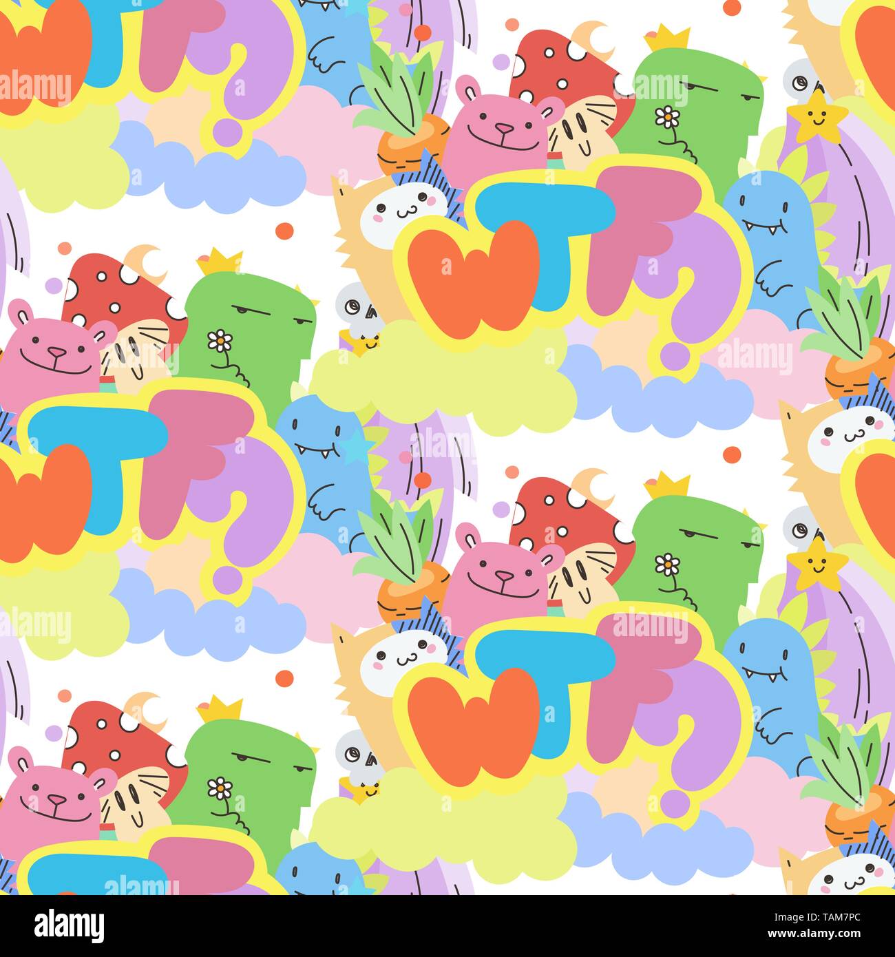 WTF. Seamless vector pattern with cute cartoon monsters and beasts ...
