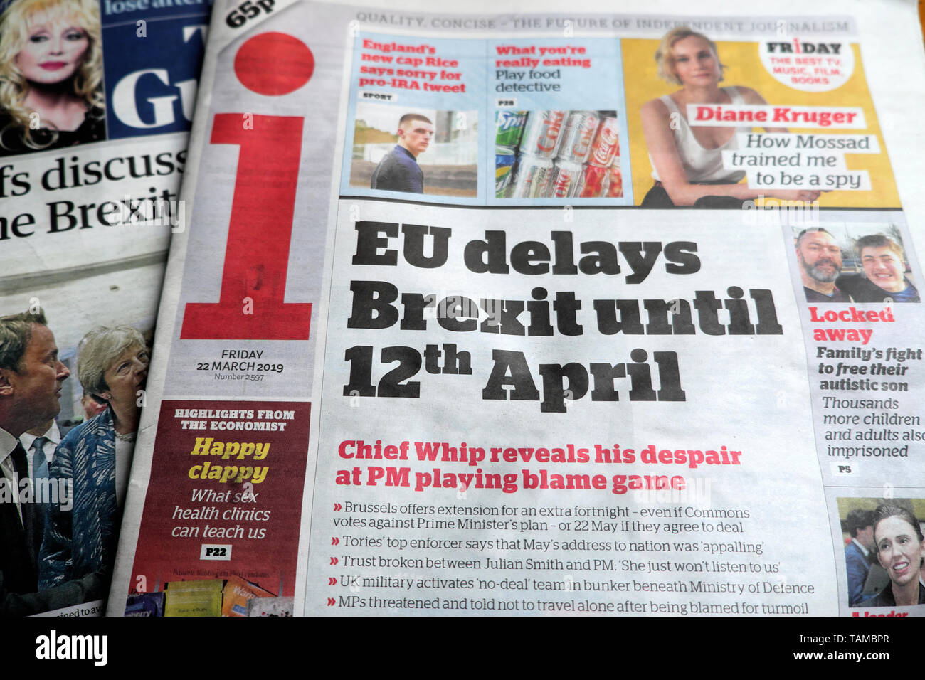 "EU delays Brexit until 12th April" newspaper headline in the i ...