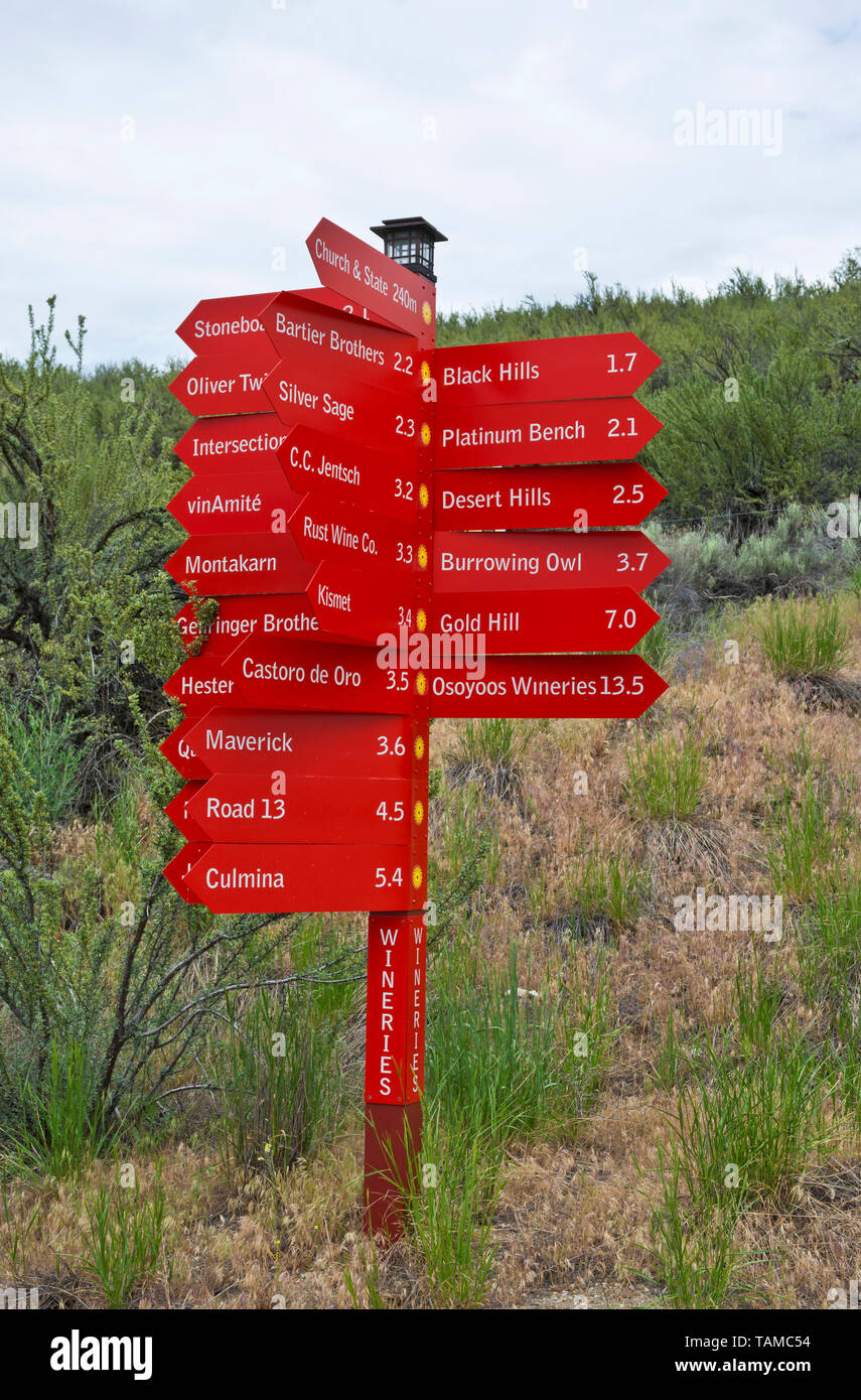 Signage for wineries in the Oliver are of the Okanagan wine region of ...