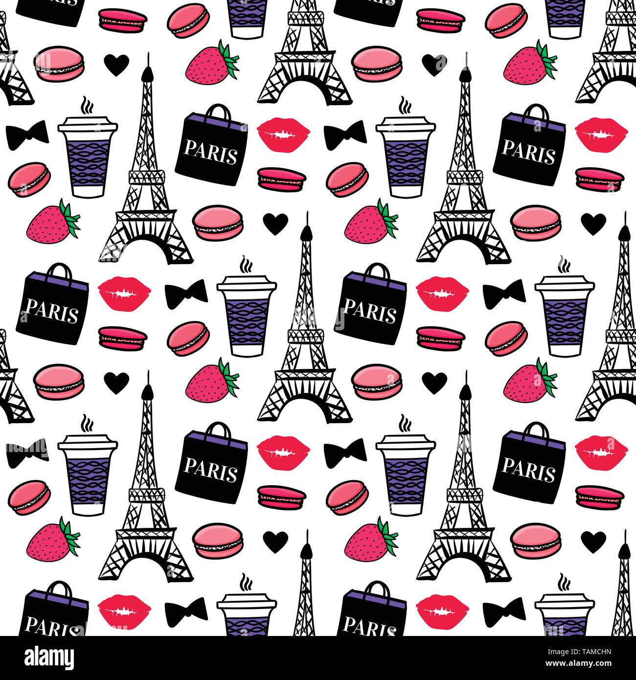 Paris style. Eiffel Tower with coffe and macaroons. Surface design ...