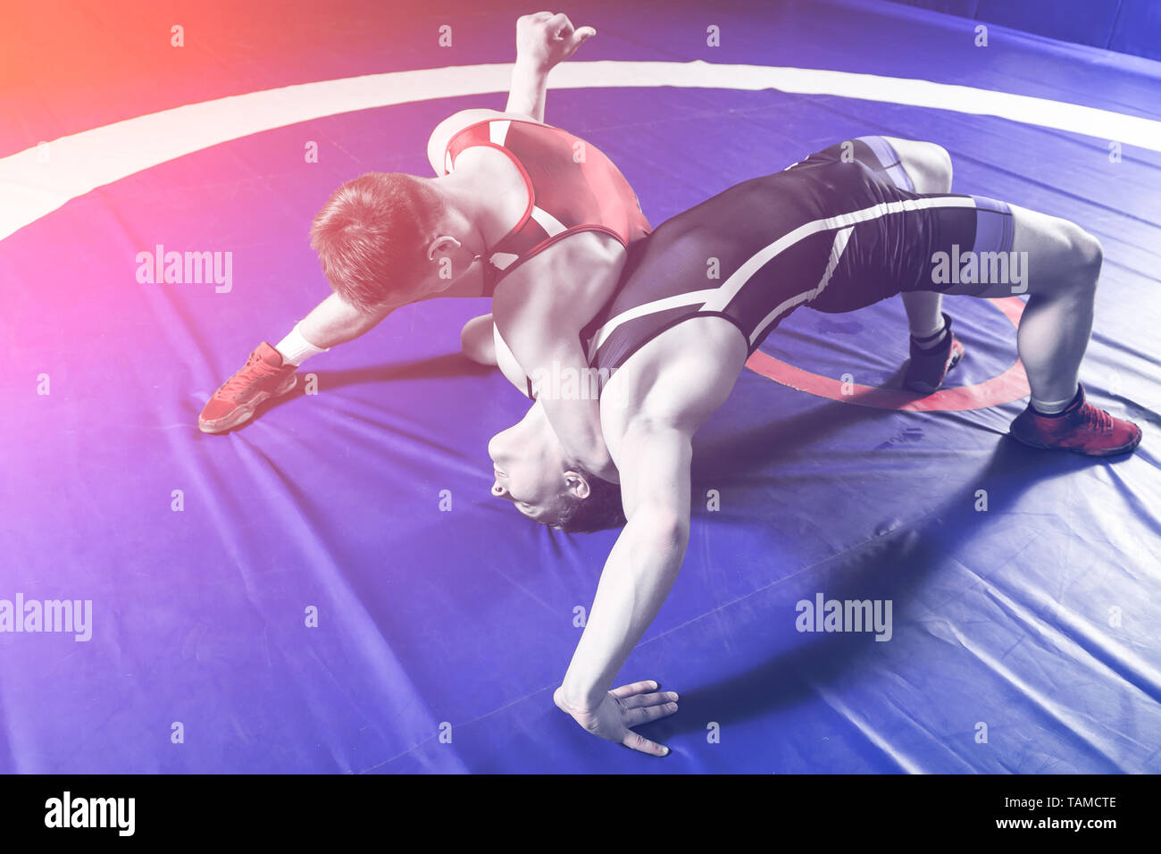 Two young sportsmens wrestlers in red and blue uniform wrestling ...
