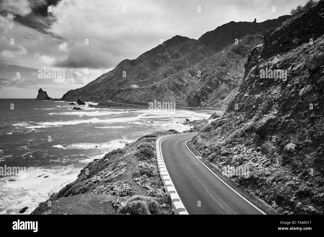 Scenic ocean drive road at the Macizo de Anaga mountain range, Atlantic ...