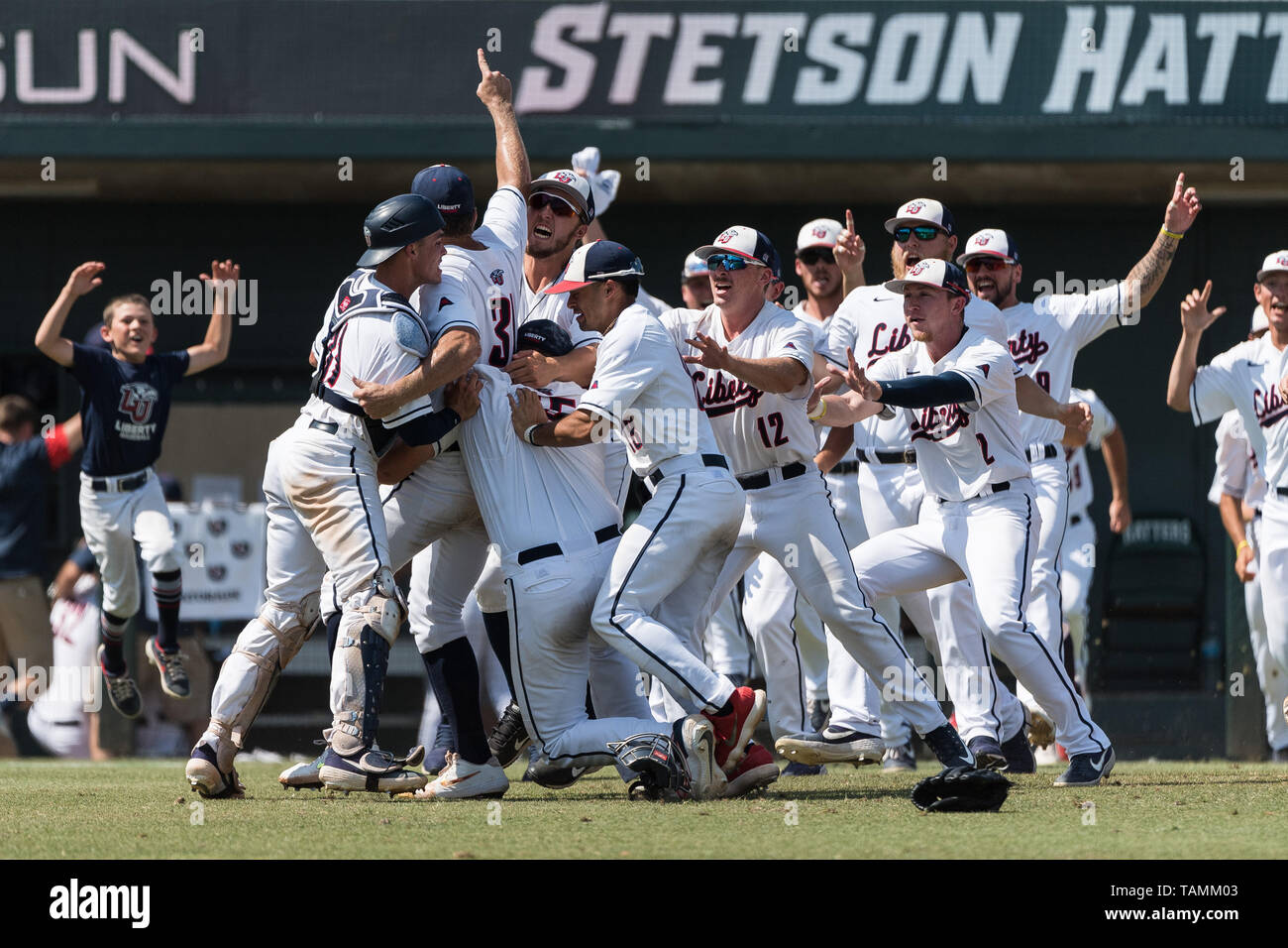 DeLand, FL, USA. 26th May, 2019. Liberty players storm the field after ...