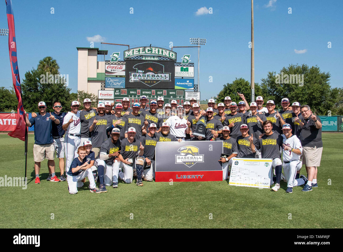 DeLand, FL, USA. 26th May, 2019. Liberty players and coaches pose for a ...