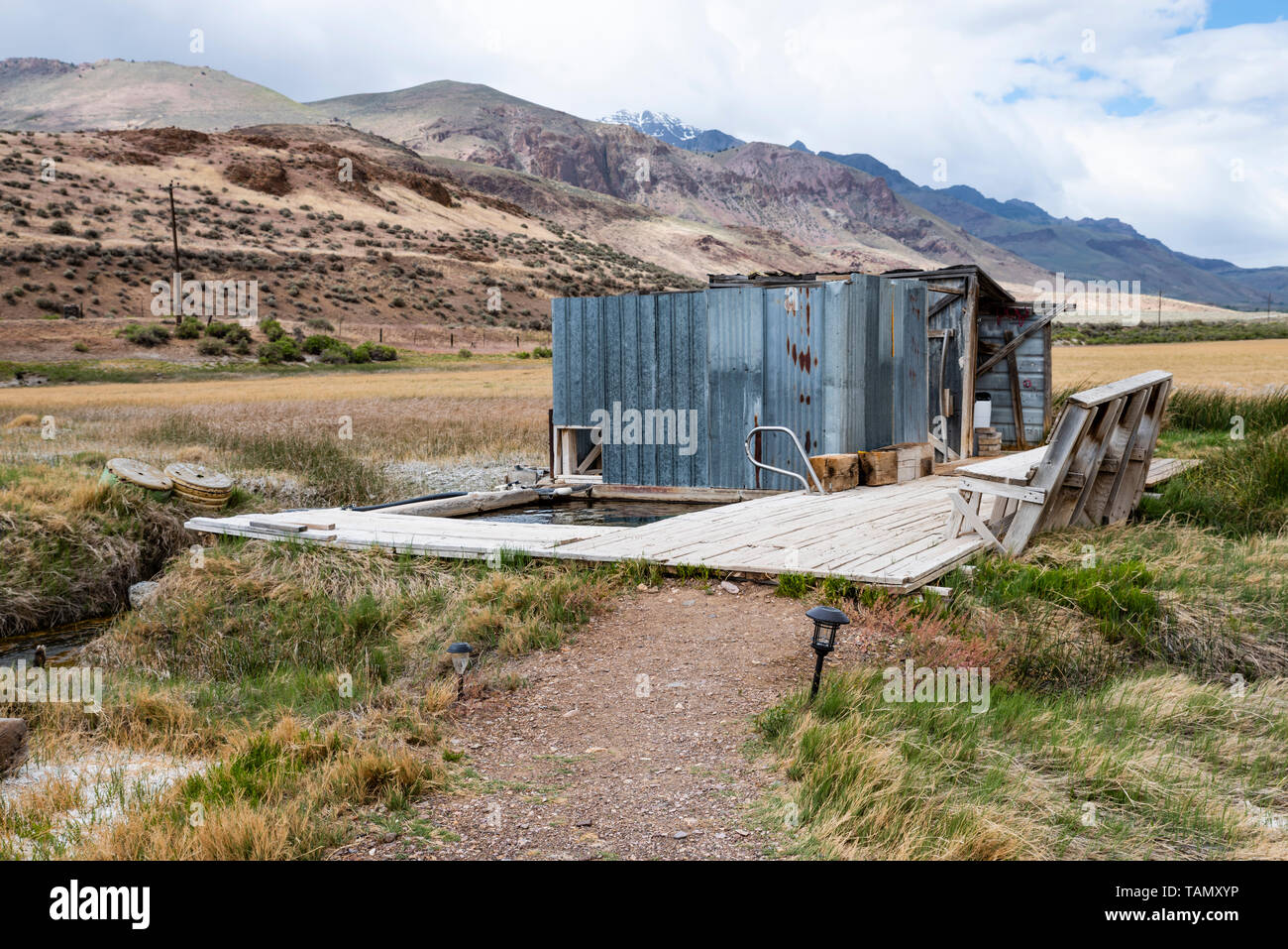 Metal soaking shelter and concrete basin at Alvord Hot Springs. Harney ...