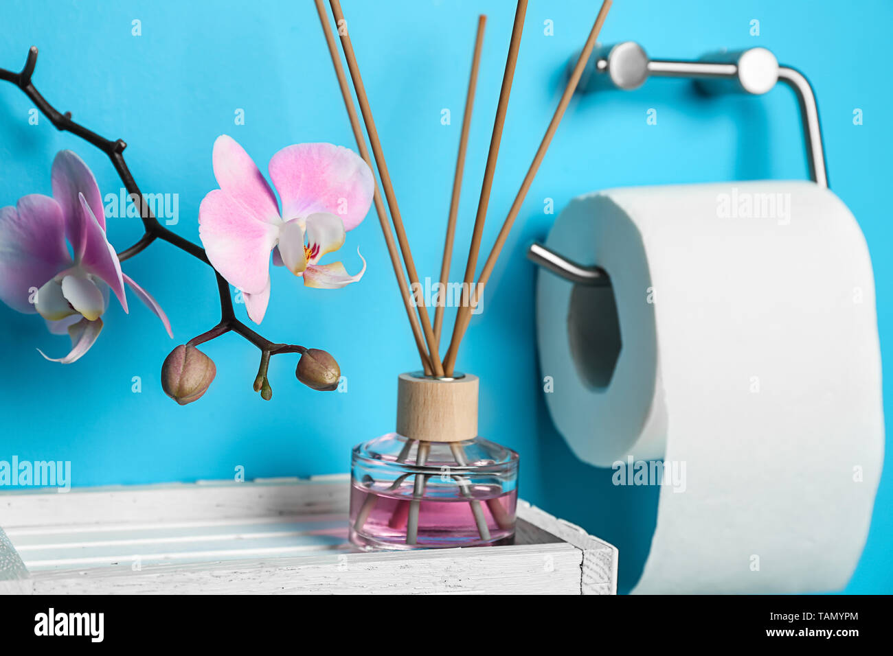 Roll of toilet paper hanging on color wall with reed diffuser in ...