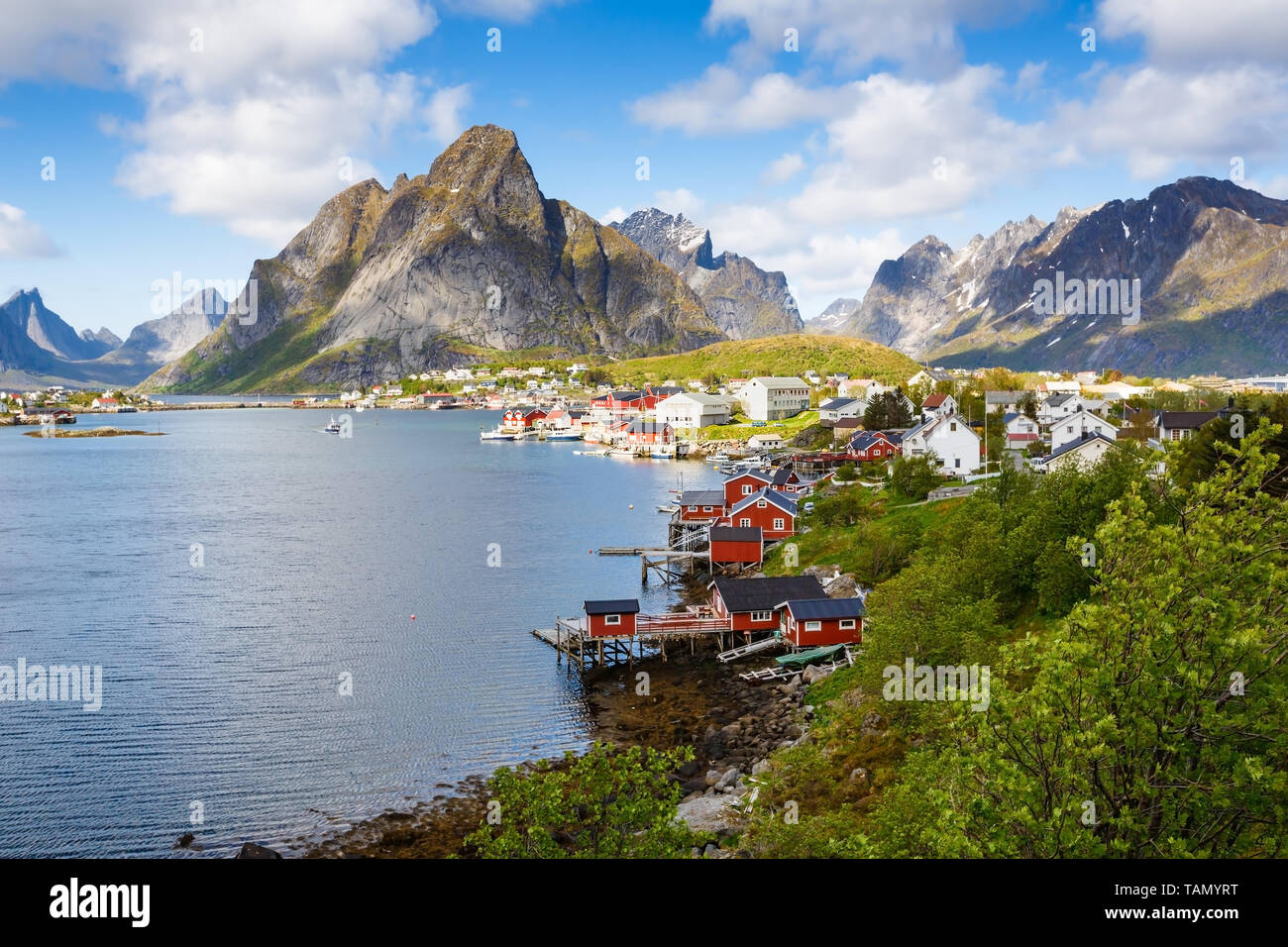 Top view of the fishing village Reine with typical rorbu houses in ...