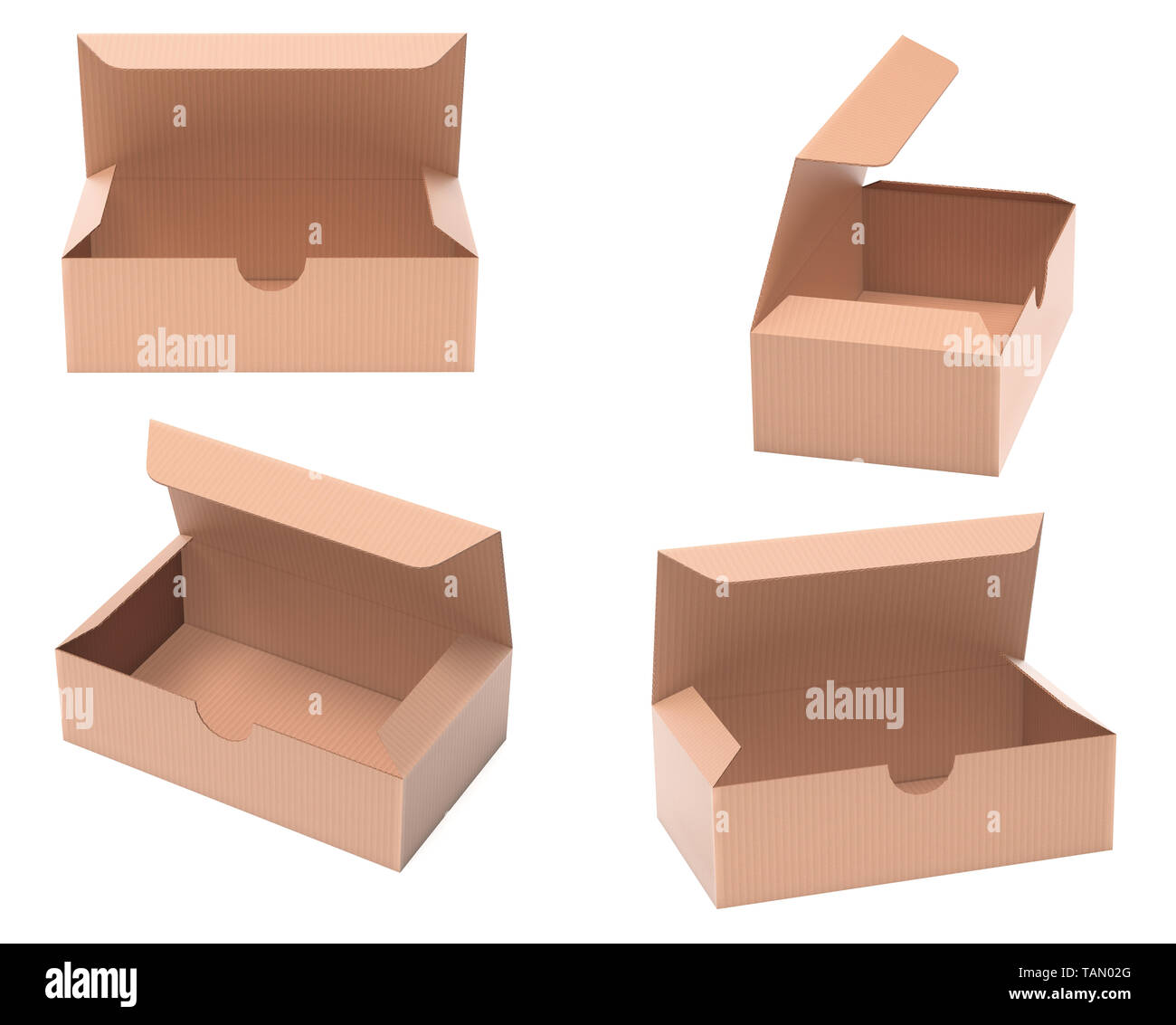 Cardboard paper boxes. Set of brown open cartons. 3d rendering ...