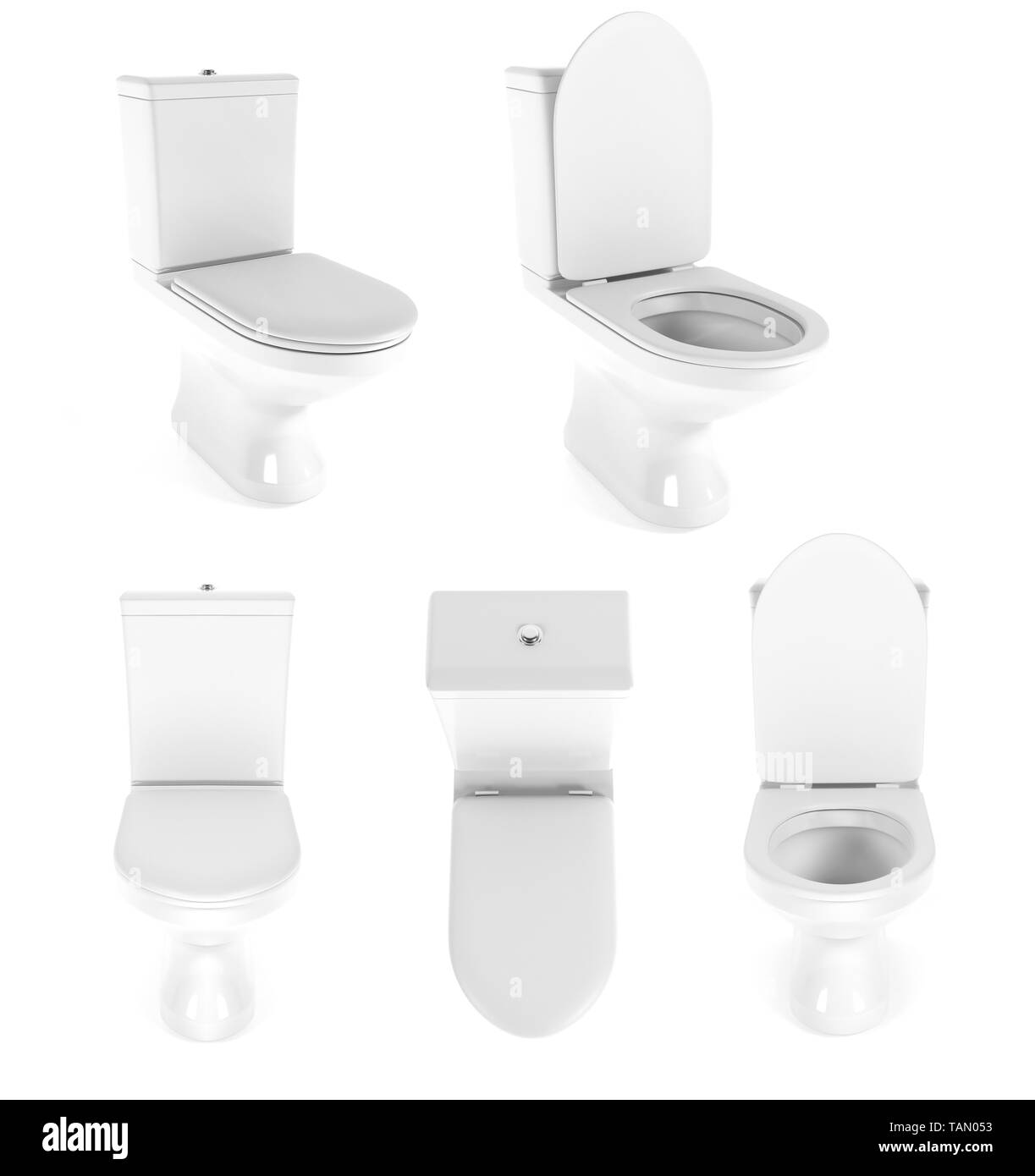 Toilets. Collection with different views. 3d rendering illustration ...