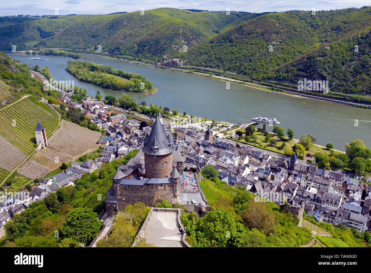 Aerial view, the Stahleck castle at Bacharach, Unesco world heritage ...