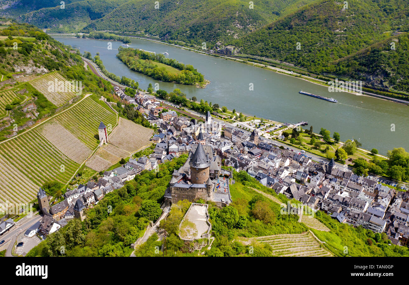 Aerial view, the Stahleck castle at Bacharach, Unesco world heritage ...