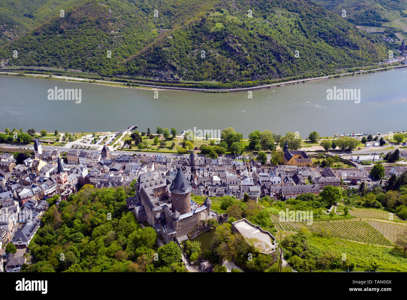 Aerial view, the Stahleck castle at Bacharach, Unesco world heritage ...