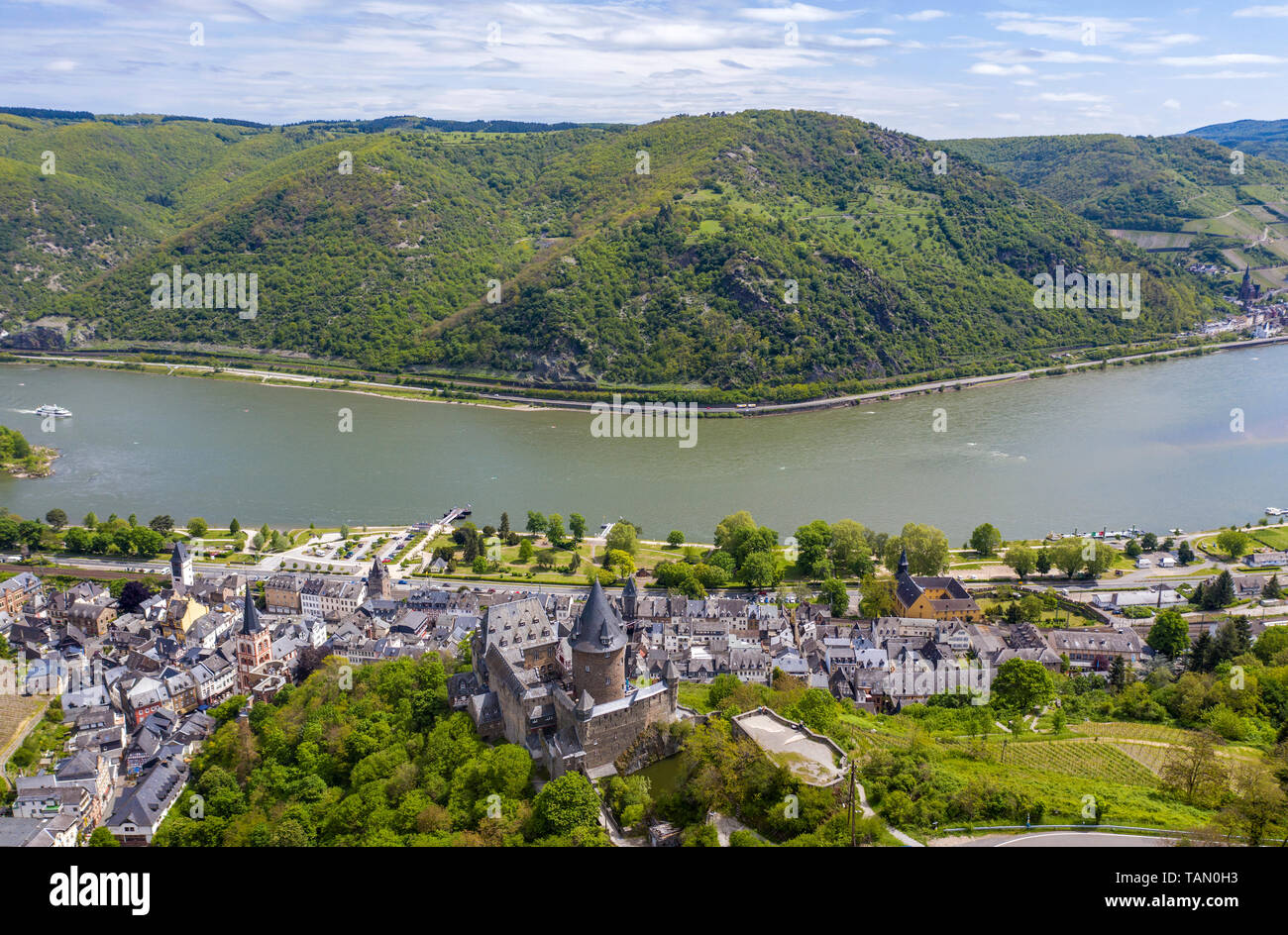Aerial view, the Stahleck castle at Bacharach, Unesco world heritage ...