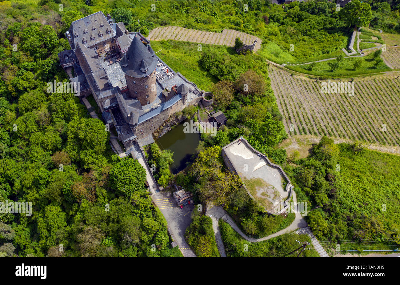 Aerial view, the Stahleck castle at Bacharach, Unesco world heritage ...