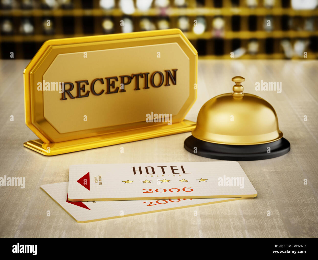 Hotel key card, bell and reception sign on hotel front desk. 3D ...