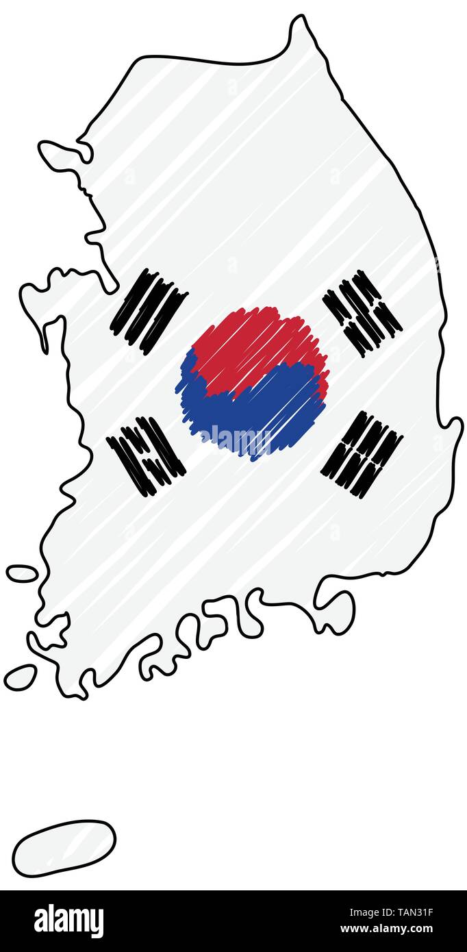 South Corea map hand drawn sketch. Vector concept illustration flag ...