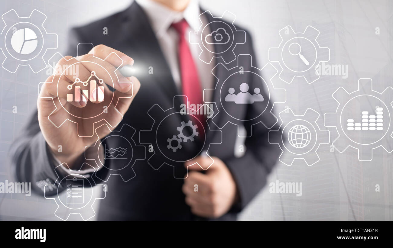 Business process abstract diagram with gears and icons. Workflow and automation technology ...