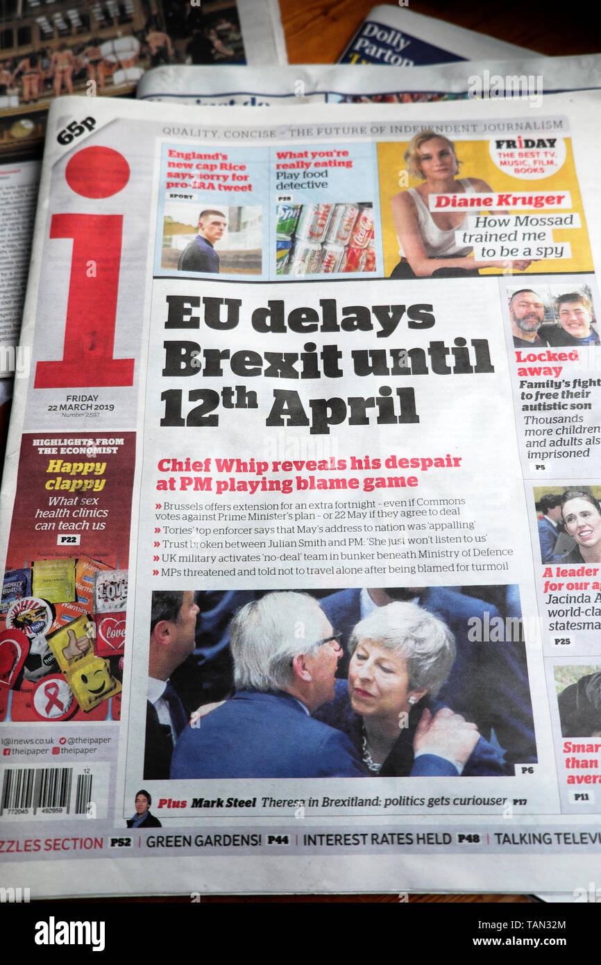"EU delays Brexit until 12th April" newspaper headline in the i ...